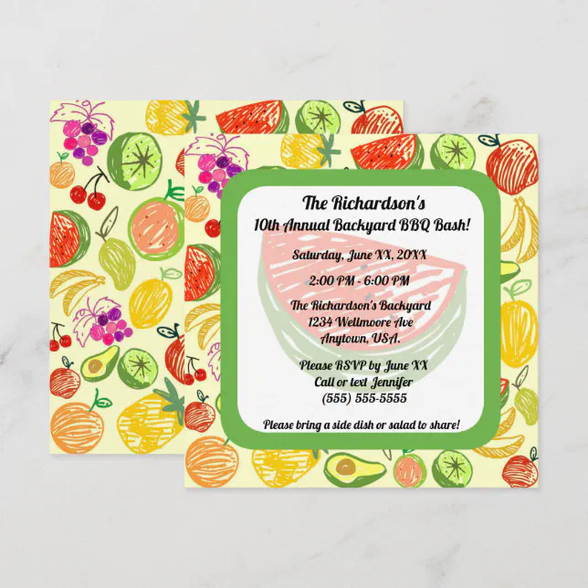 Yellow Summer Time Fruit Pattern BBQ Party Invitation | Zazzle