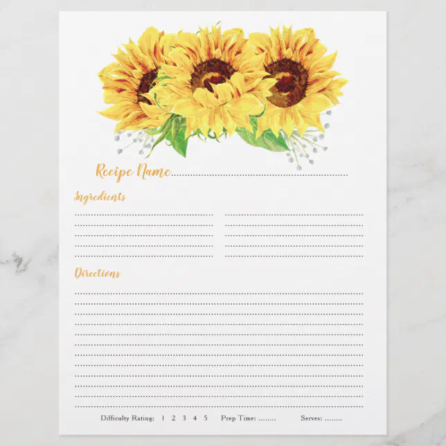 Yellow Sunflower Binder Recipe Inserts | Zazzle