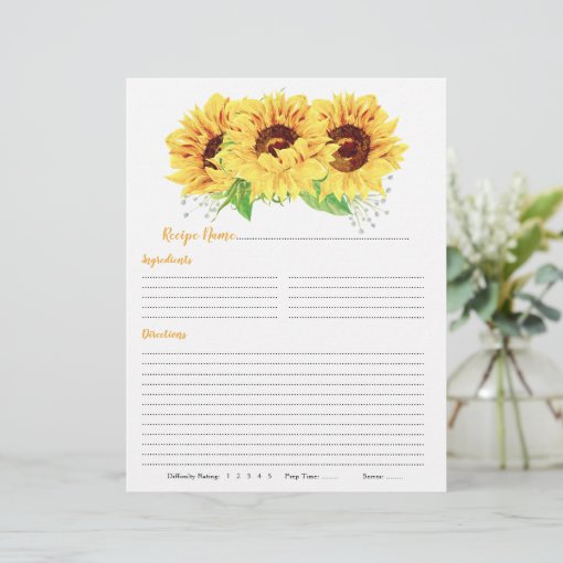 Yellow Sunflower Binder Recipe Inserts | Zazzle
