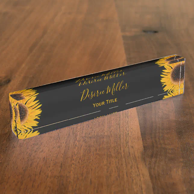 Yellow Sunflower Black Background Rustic Country Desk Name Plate | Zazzle