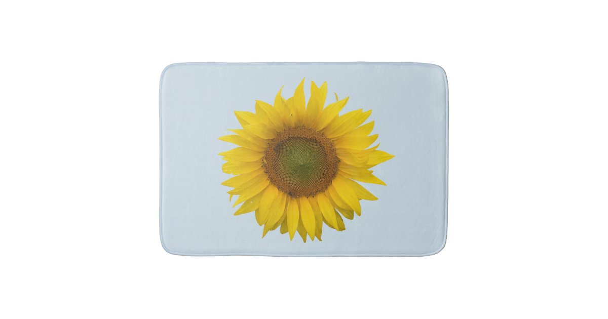 Yellow Sunflower Cute Floral Blue Bath Mat | Zazzle