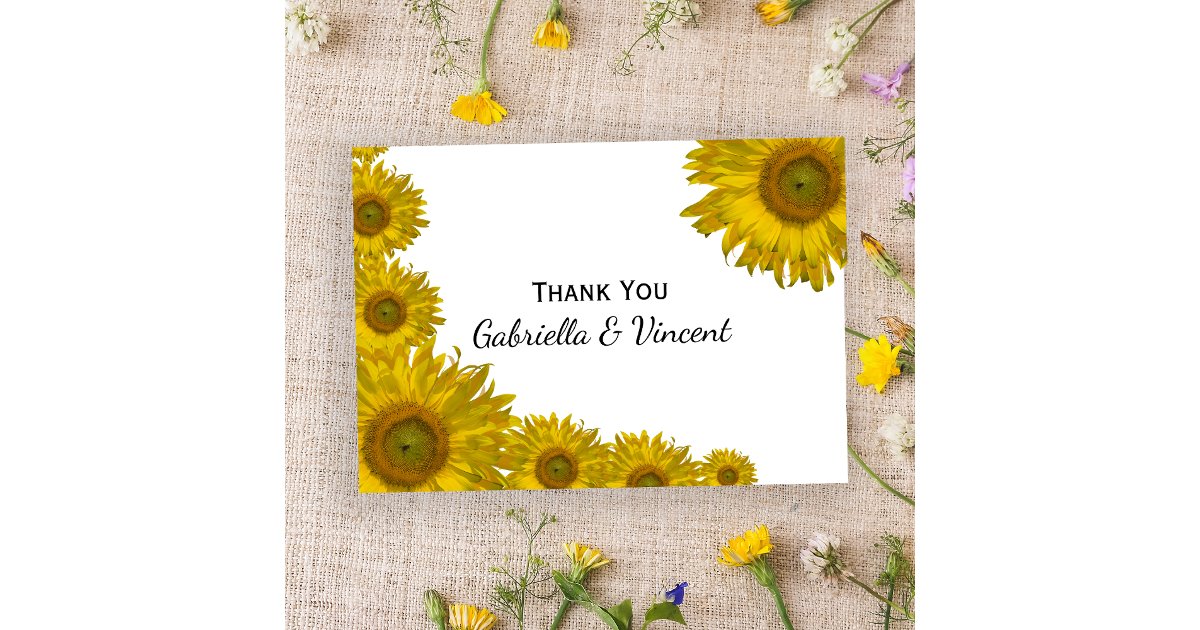 Yellow Sunflower Edge Wedding Flat Thank You Notes | Zazzle