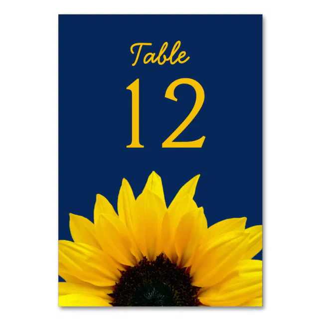Yellow Sunflower Flower Navy Blue Wedding Table Number | Zazzle