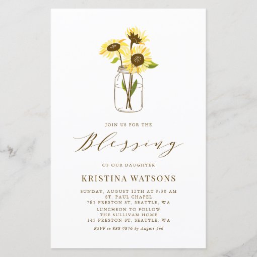 Yellow Sunflower in Mason Jar Baby Blessing Invite | Zazzle