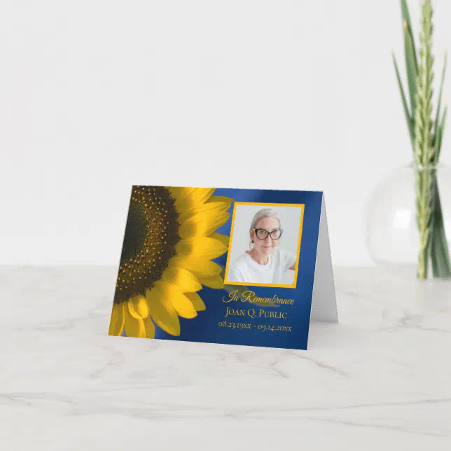 Yellow Sunflower on Blue Funeral Memorial Sympathy Thank You Card | Zazzle