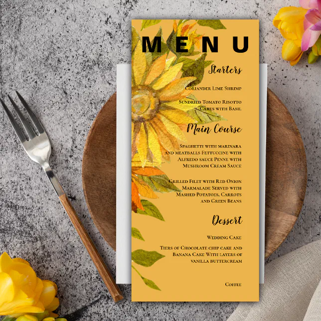 Yellow Sunflower Pretty Floral Wedding Party Menu | Zazzle