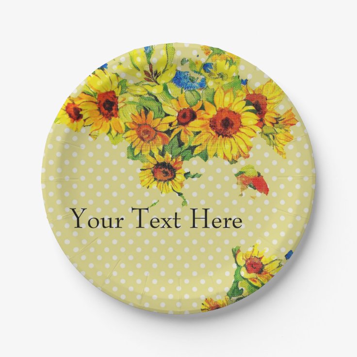 Yellow Sunflowers and Polka dot Paper Plate | Zazzle