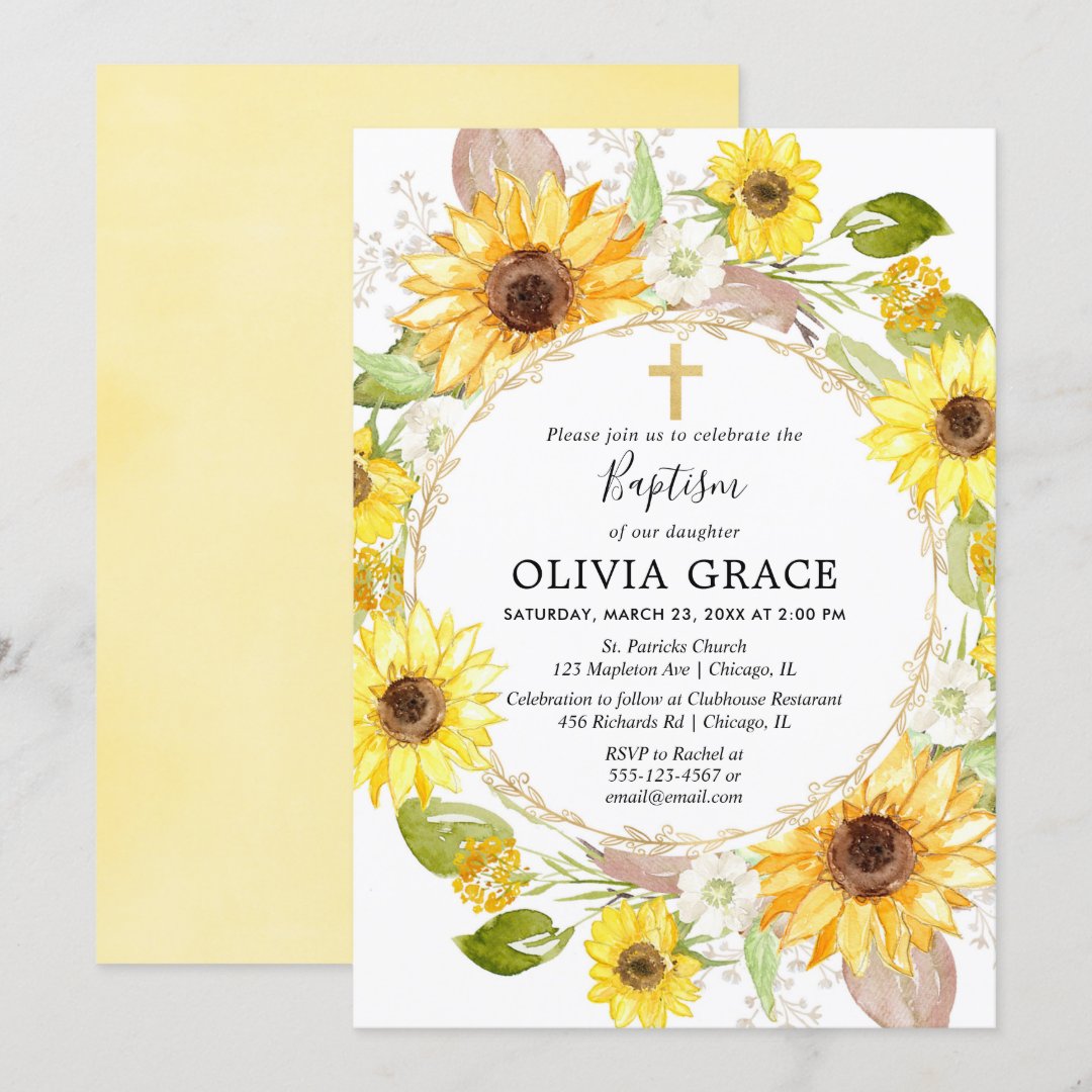 Yellow sunflowers baptism floral watercolor invitation | Zazzle
