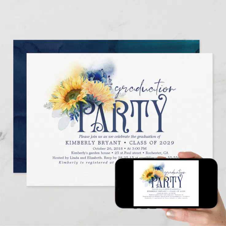 Yellow Sunflowers Elegant Navy Blue Graduation Invitation | Zazzle