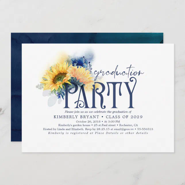 Yellow Sunflowers Elegant Navy Blue Graduation Invitation | Zazzle