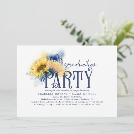Yellow Sunflowers Elegant Navy Blue Graduation Invitation | Zazzle
