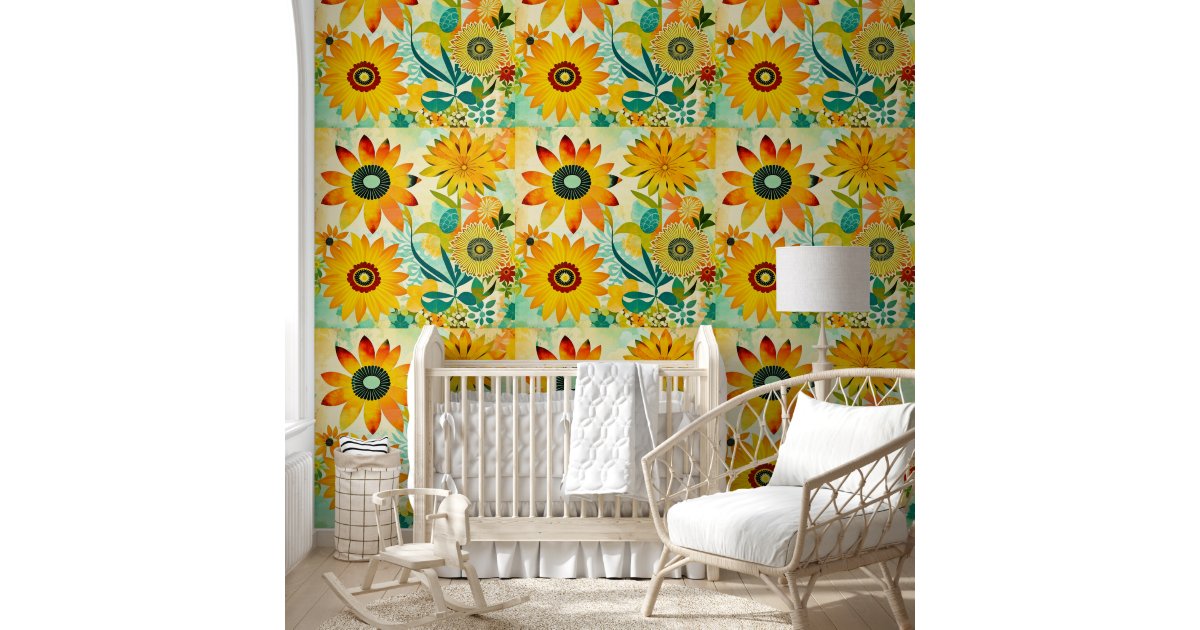 Yellow Sunflowers Folk Art Wallpaper | Zazzle