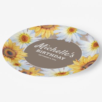 Yellow Sunflowers White Daisies Burlap Birthday Paper Plates | Zazzle