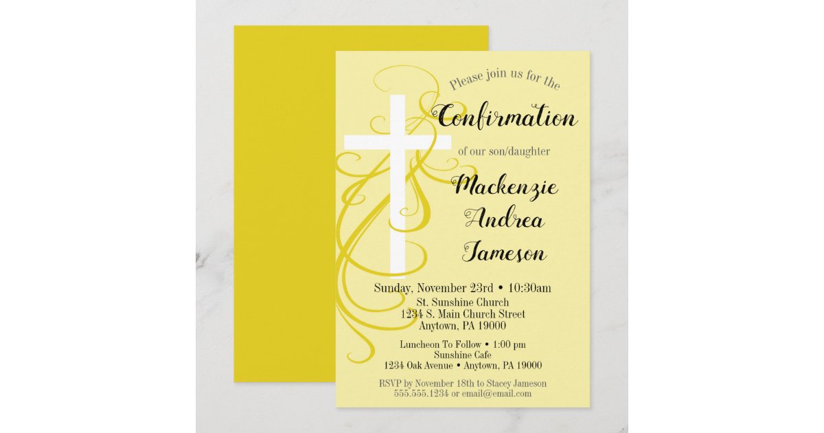 Yellow Swirl Cross Confirmation Invitation | Zazzle