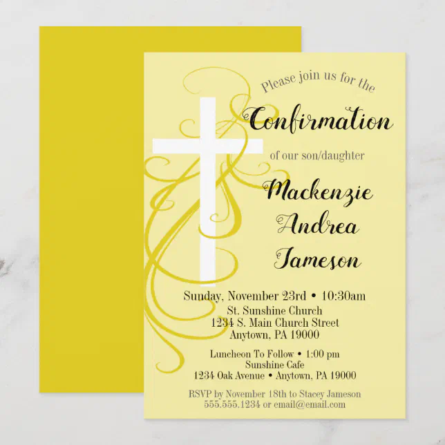 Yellow Swirl Cross Confirmation Invitation | Zazzle