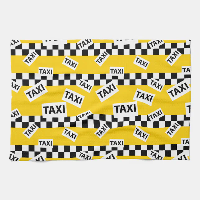 Yellow Taxi Cab Black and White Check Taxi Driver Kitchen Towel | Zazzle