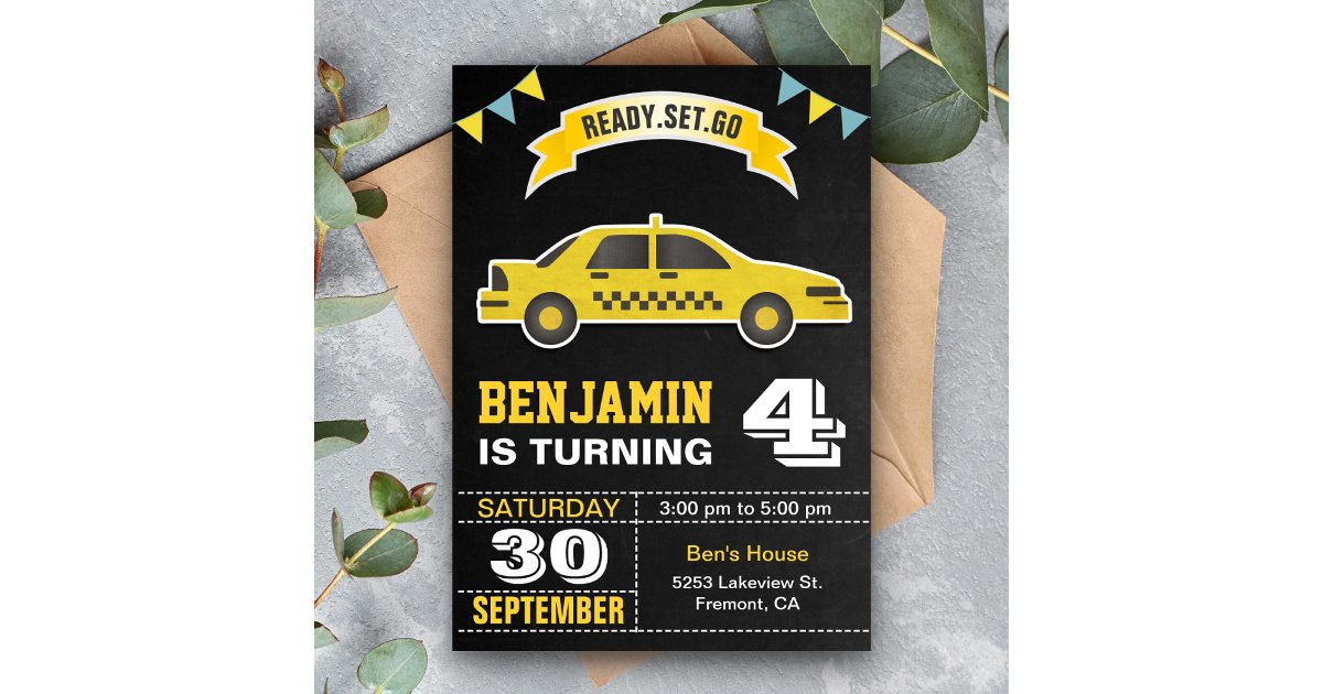 Yellow Taxi Cab Kids Birthday Party Invitation | Zazzle