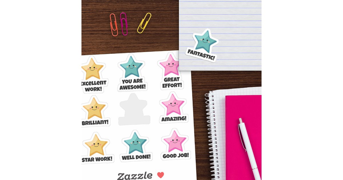 Yellow Teal Pink Good Job! Stars Sticker | Zazzle