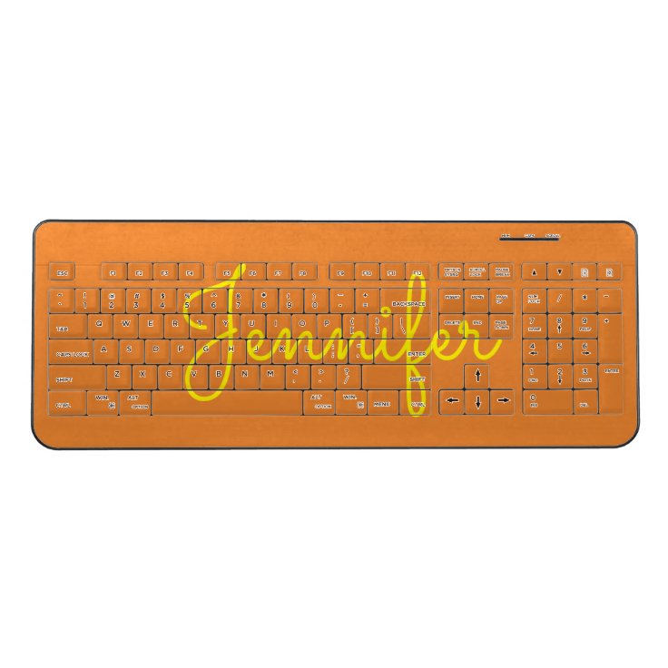Yellow Text Custom Name on Orange Background Wireless Keyboard | Zazzle
