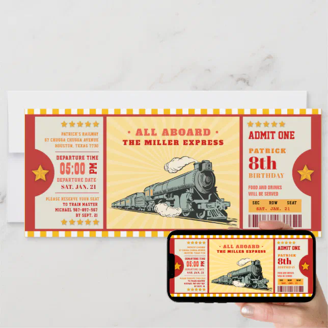 Yellow Train Ticket Birthday Boarding Pass Invitation | Zazzle
