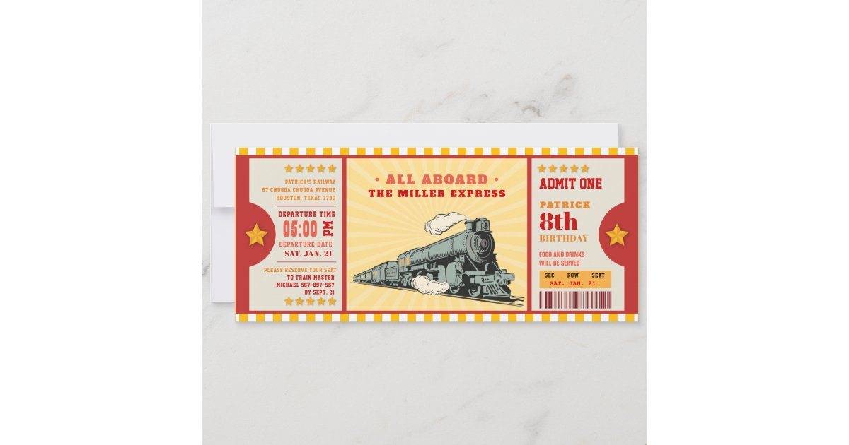 Yellow Train Ticket Birthday Boarding Pass Invitation | Zazzle