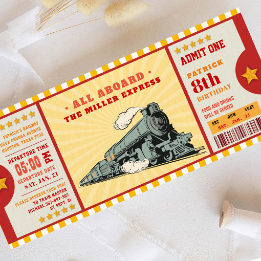 Yellow Train Ticket Birthday Boarding Pass Invitation | Zazzle