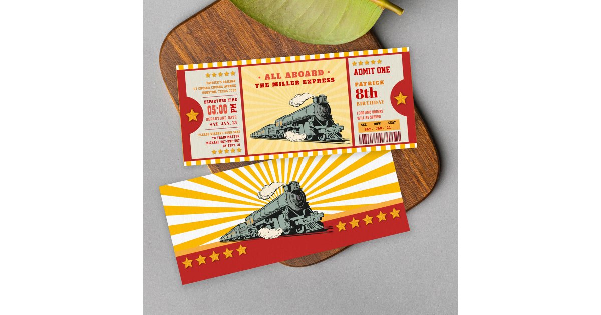 Yellow Train Ticket Birthday Boarding Pass Invitation | Zazzle