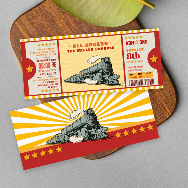 Yellow Train Ticket Birthday Boarding Pass Invitation | Zazzle