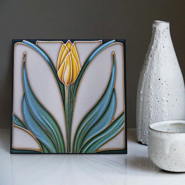 Yellow Tulip Wall Decor Art Nouveau Art Deco Ceram Ceramic Tile | Zazzle