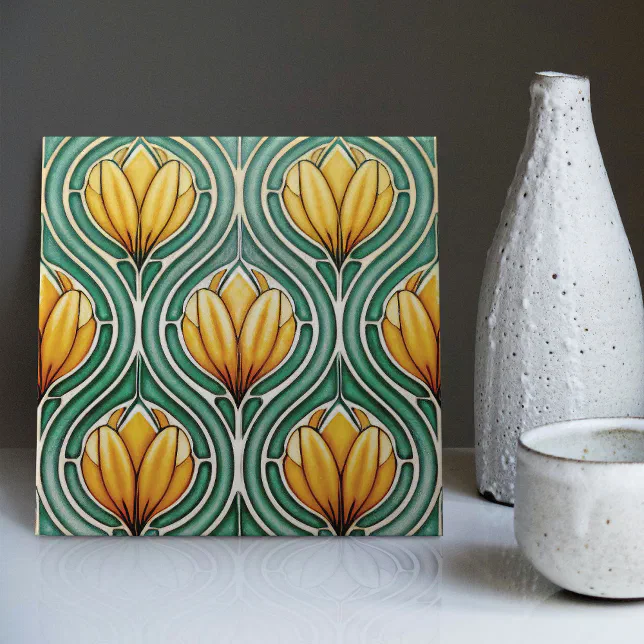 Yellow Tulips Symmetric Pattern Art Nouveau Ceramic Tile | Zazzle