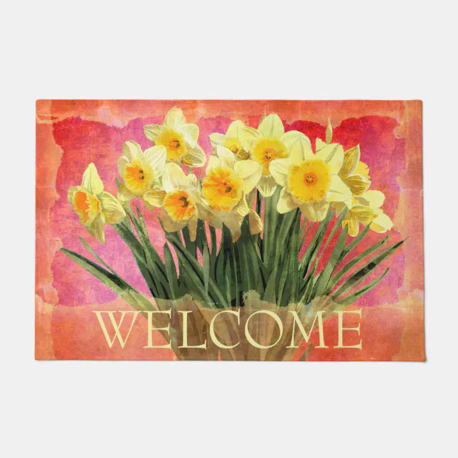Yellow Watercolor Daffodils on Coral Welcome Doormat | Zazzle