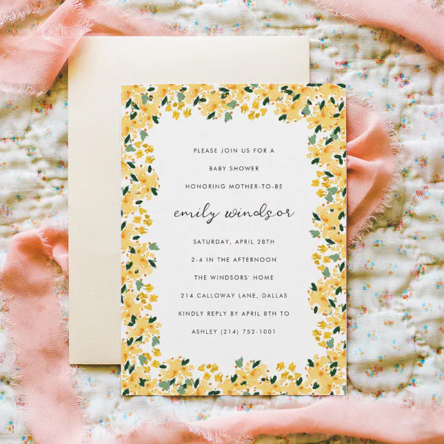 Yellow Watercolor Floral Garden Baby Shower Invitation | Zazzle