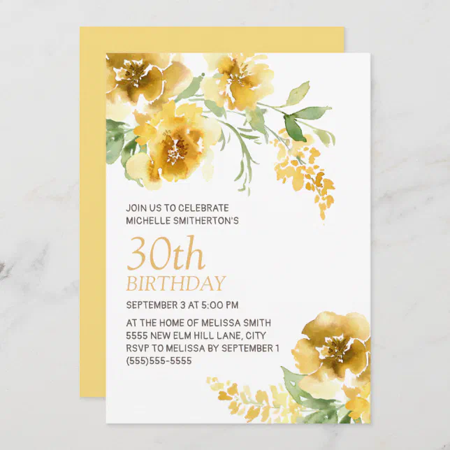 Yellow Watercolor Floral Women's 30th Birthday Invitation | Zazzle