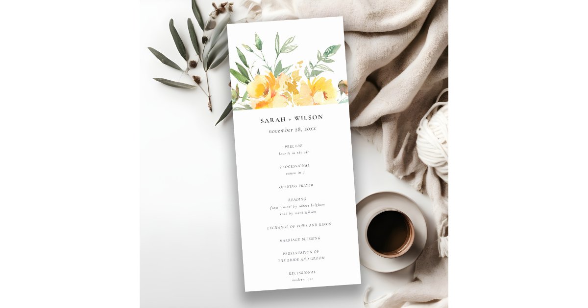 Yellow Watercolor Rose Flower Wedding Program | Zazzle