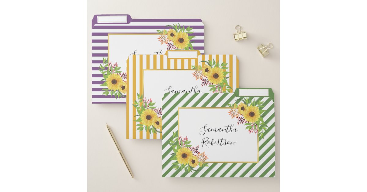 Yellow watercolor sunflowers, frame and stripes file folder | Zazzle