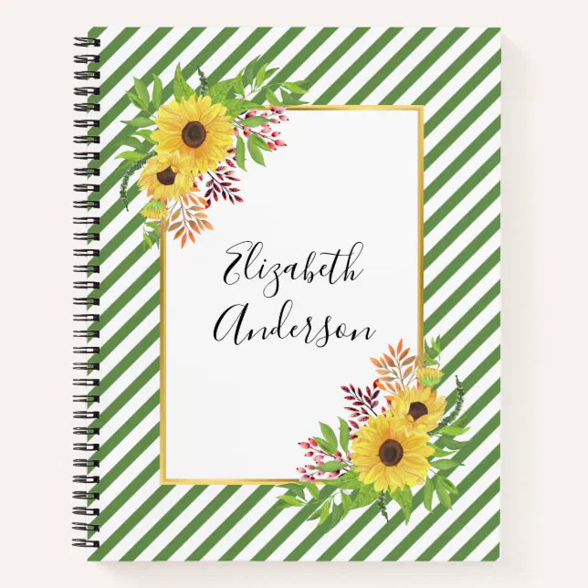 Yellow watercolor sunflowers, frame and stripes notebook | Zazzle