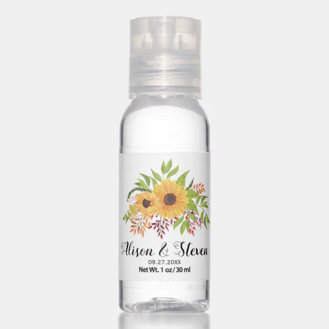 Yellow watercolor sunflowers rustic floral wedding hand sanitizer | Zazzle