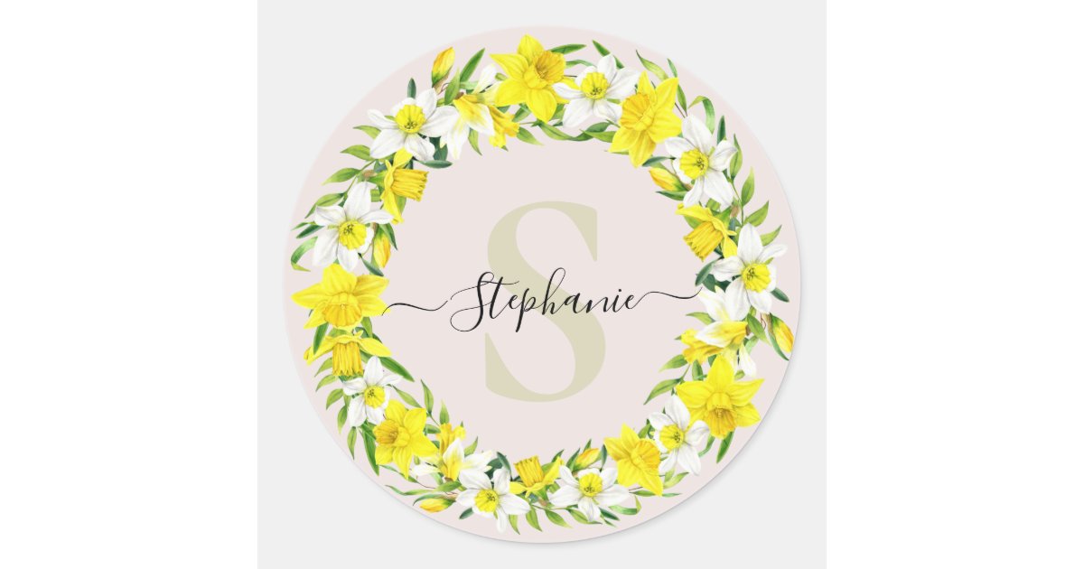 Yellow White Daffodil Garland Monogram Name Classic Round Sticker | Zazzle