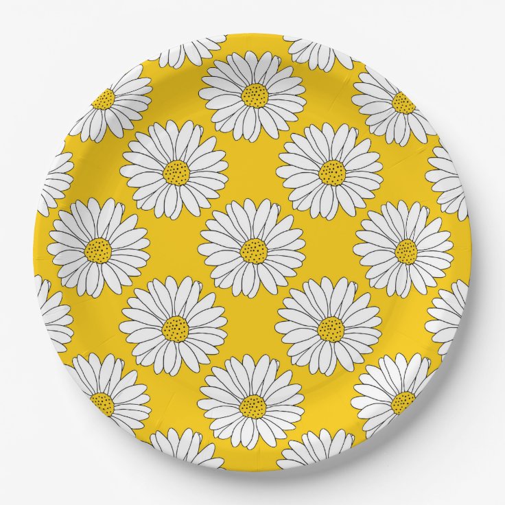 Yellow White Daisy Pattern 2 Paper Plates | Zazzle
