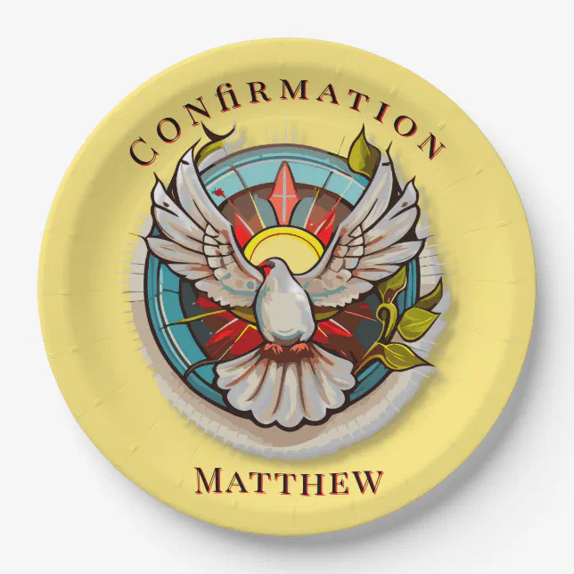 Yellow White Dove Religious Catholic Confirmation Paper Plates | Zazzle