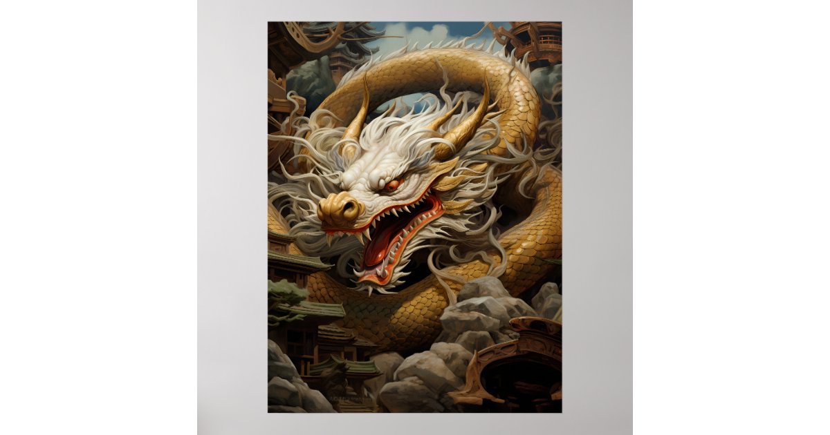 Yellow & White Eastern Dragon Illustration Print/ Poster | Zazzle