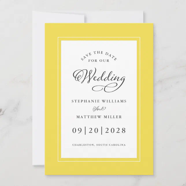 Yellow White Elegant Wedding Chic Script Border Save The Date | Zazzle
