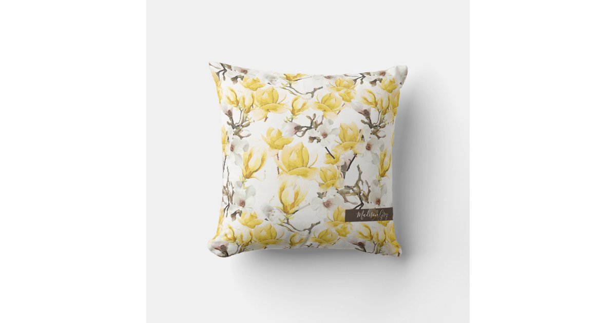 Yellow & White Magnolia Blossom Watercolor Pattern Throw Pillow | Zazzle