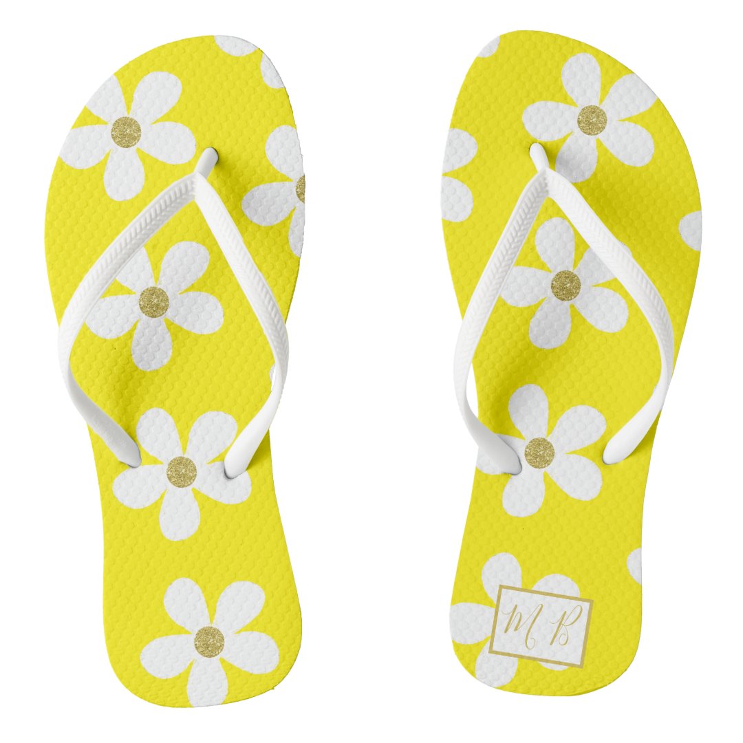 Yellow White Simple Daisy Gold Monogram Flip Flops | Zazzle
