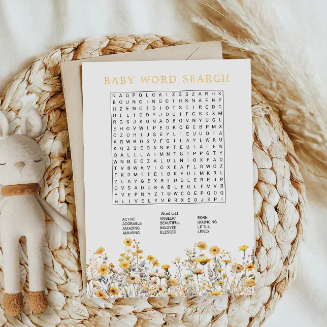 Yellow Wildflower Baby Shower Word Search Game Invitation | Zazzle