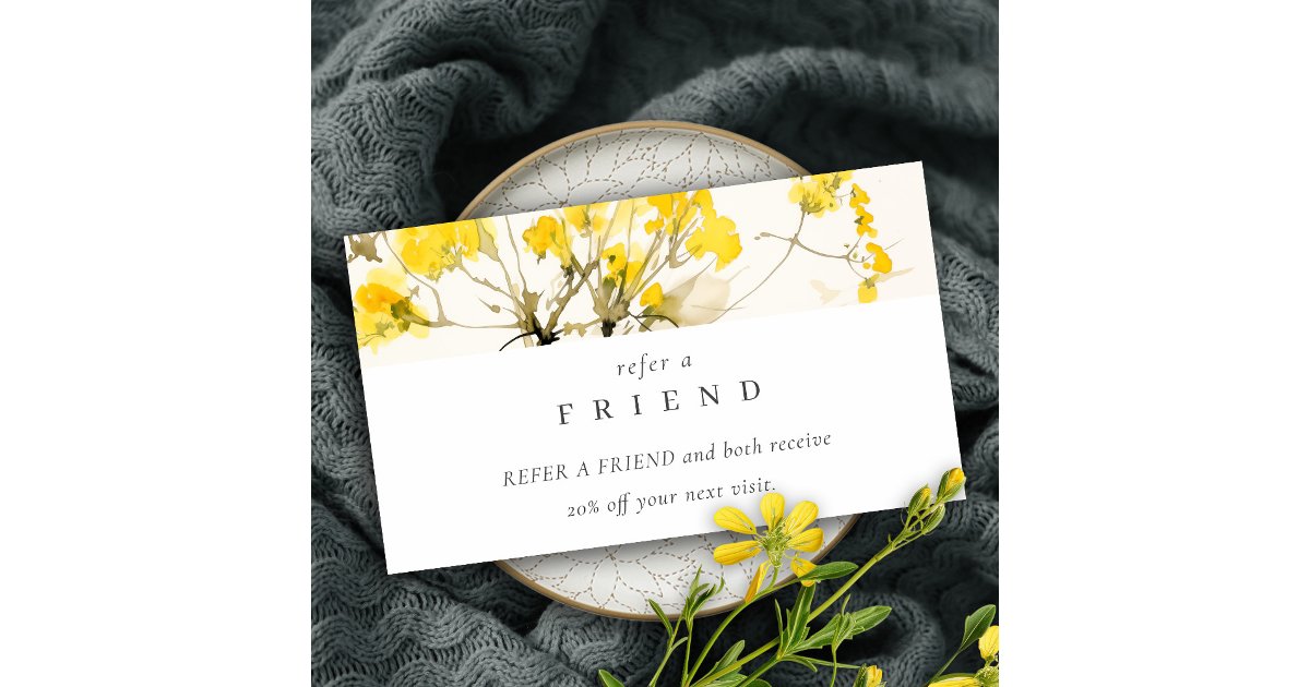 Yellow Wildflower Boho Floral Refer A Friend Business Card | Zazzle