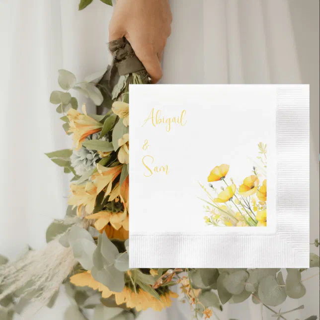 Yellow Wildflowers Personalized Wedding Cocktail Napkins | Zazzle
