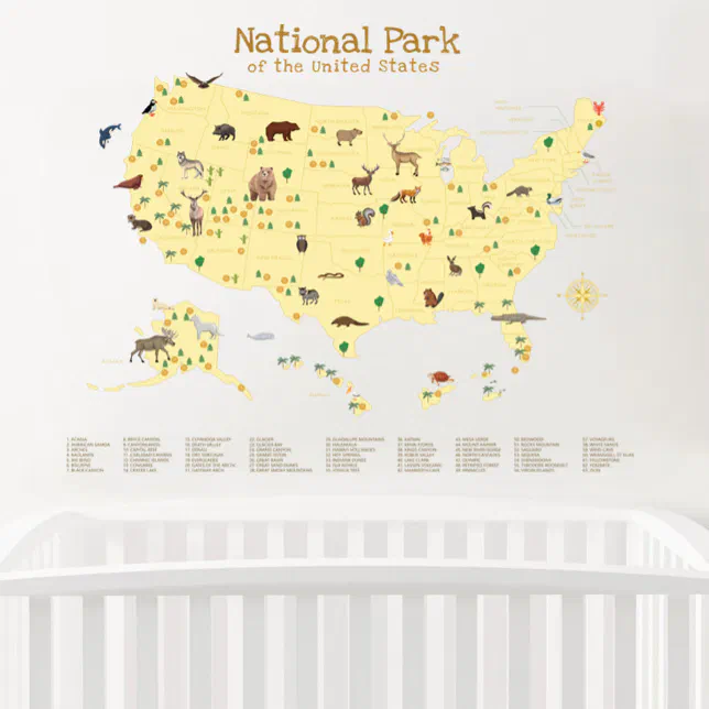 Yellow Woodland US National Parks Map Nursery Wall Decal | Zazzle
