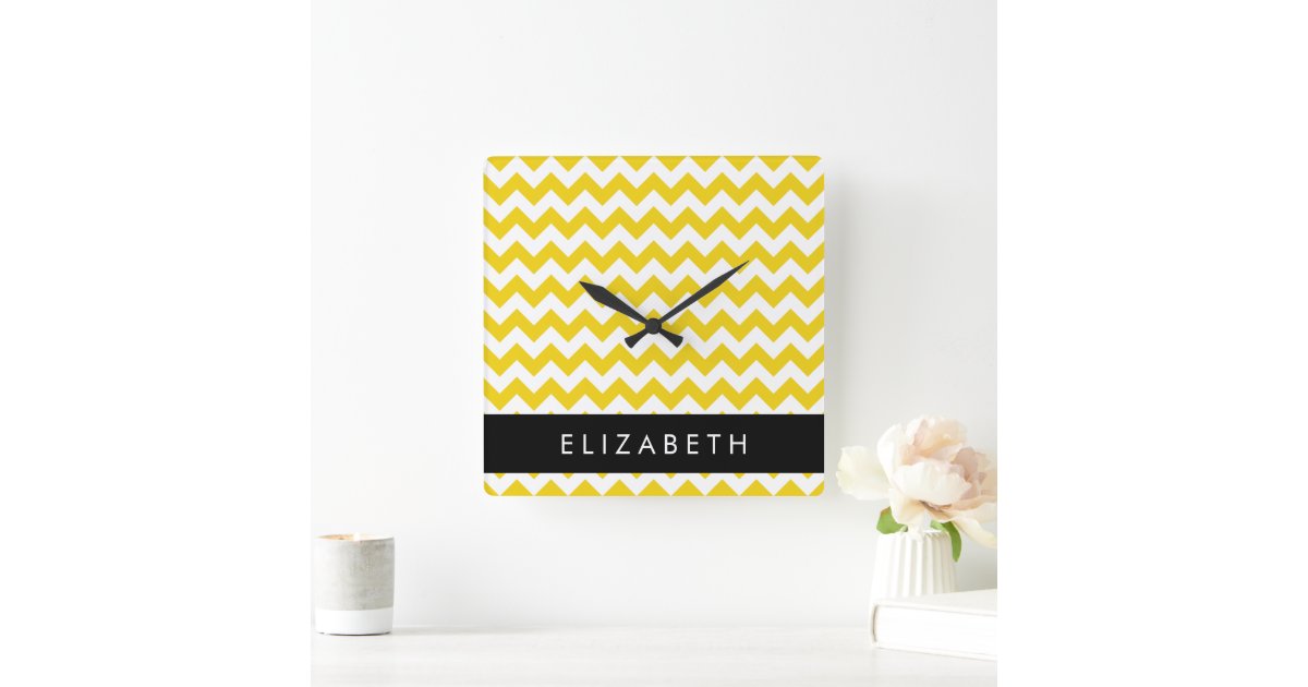 Yellow Zigzag, Yellow Chevron, Your Name Square Wall Clock | Zazzle