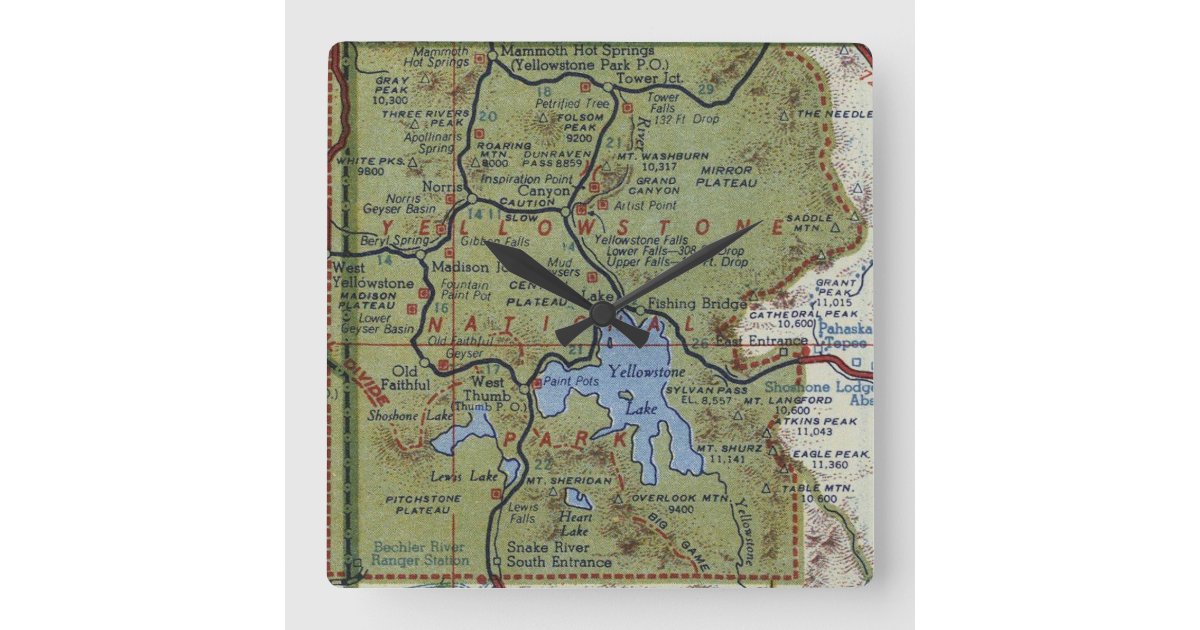 Yellowstone National Park Vintage Map Square Wall Clock | Zazzle